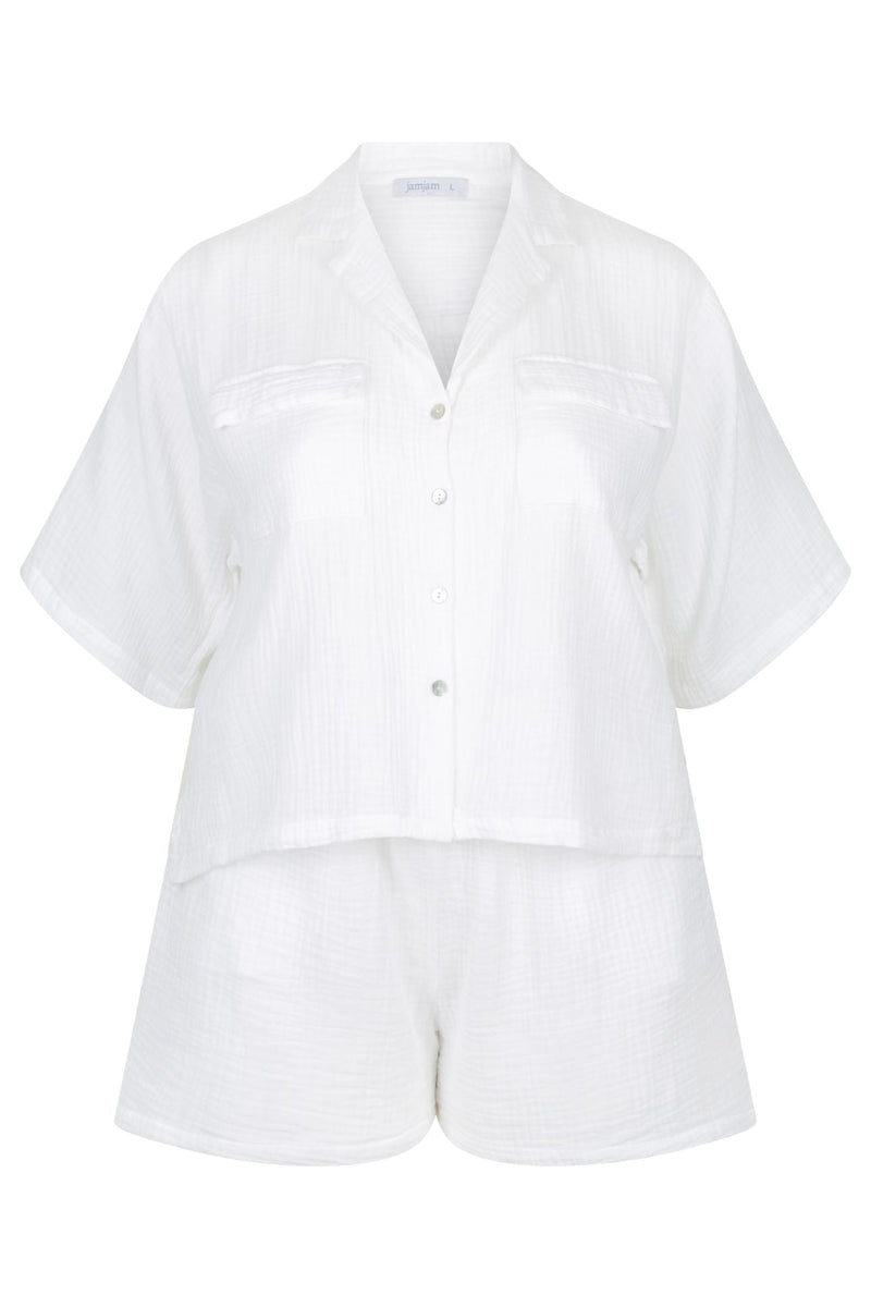 White Button Up Short Cotton Pajama Set | Capriosca Swimwear